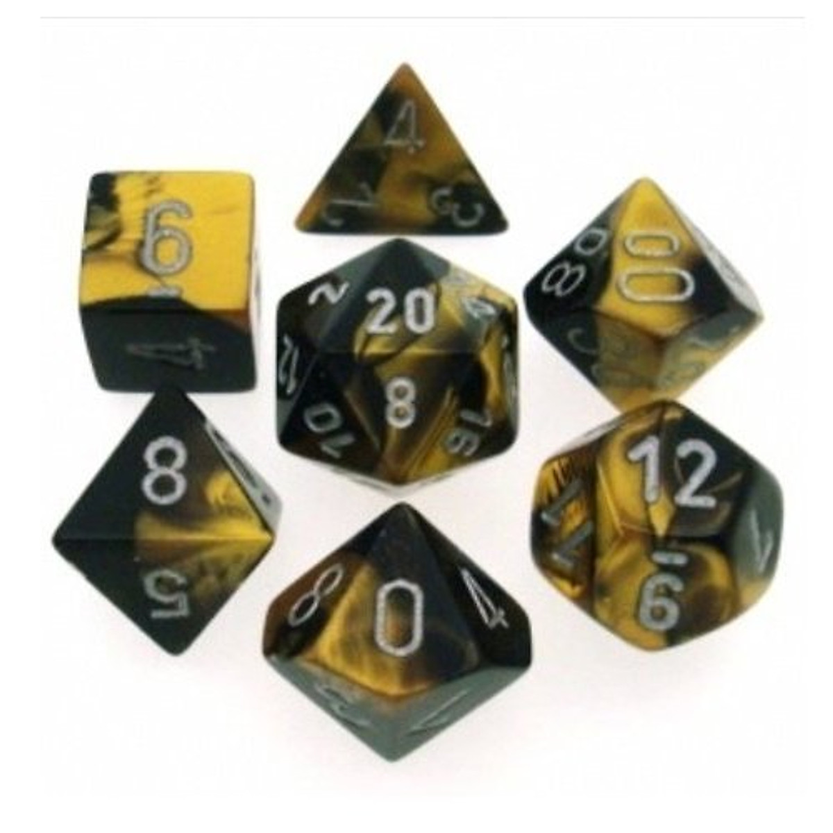 Polyhedral 7-Die Signature Leaf Dice Set: Black & Gold with Silver (d4, d6, d8, d10, d12, d20 & d00) CHX-27418