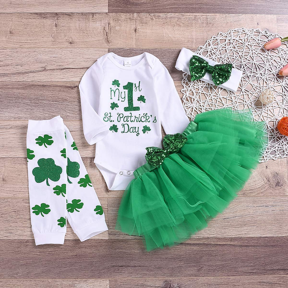 XFGLCK Newborn Baby Girls My 1st St.Patrick's Day Outfit Shamrock Rompers+ Tutu Tulle Skirt + Headband Outfits Set (Green, 0-3 Months)
