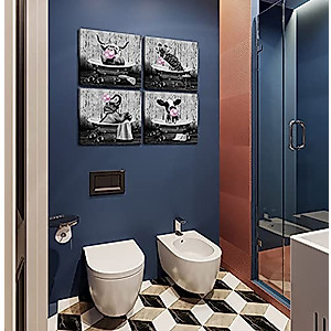 KALAWA Bathroom Pictures Wall Decor Set of 4 Funny Animal Black and White Bathroom Decor Wall Art Pink Bubble Canvas Wall Art Highland Cow Giraffe Elephant Cows Home Decor Framed Ready to Hang 12x12