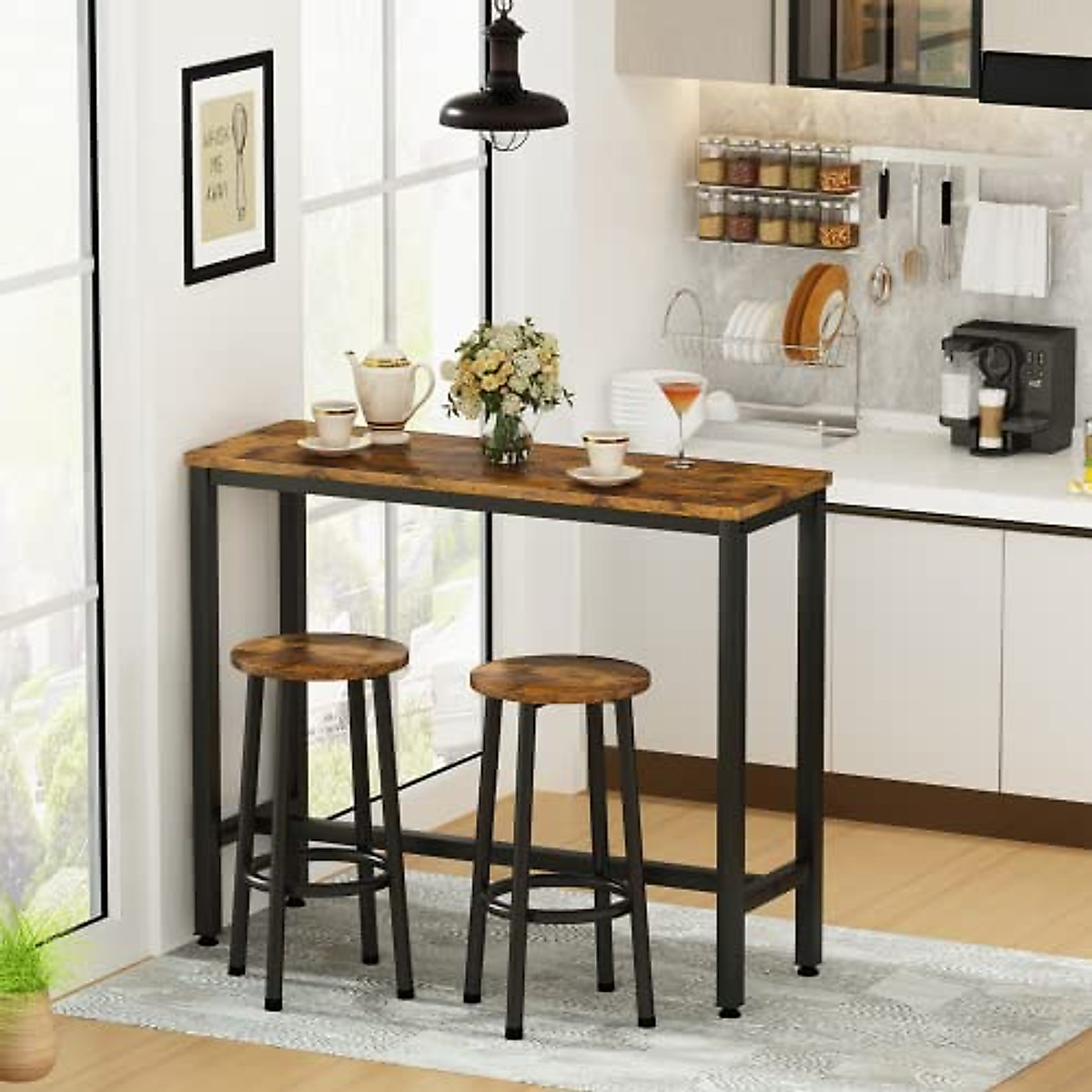 AWQM 3 Piece Bar Table Set, Industrial Pub Height Table with 2 Bar Stools,Dining Room Table Set, 47.2" Table and Classic Round Chairs Set, Ideal for Kitchen,Living Room