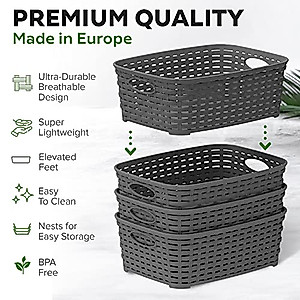 European Made Plastic Storage Bins, Heaviest Duty, Household Organizers for Bathrooms, Bedrooms, Kitchens, Laundry Room, Cabinets, Shelves, 4 Pk, Dark Grey