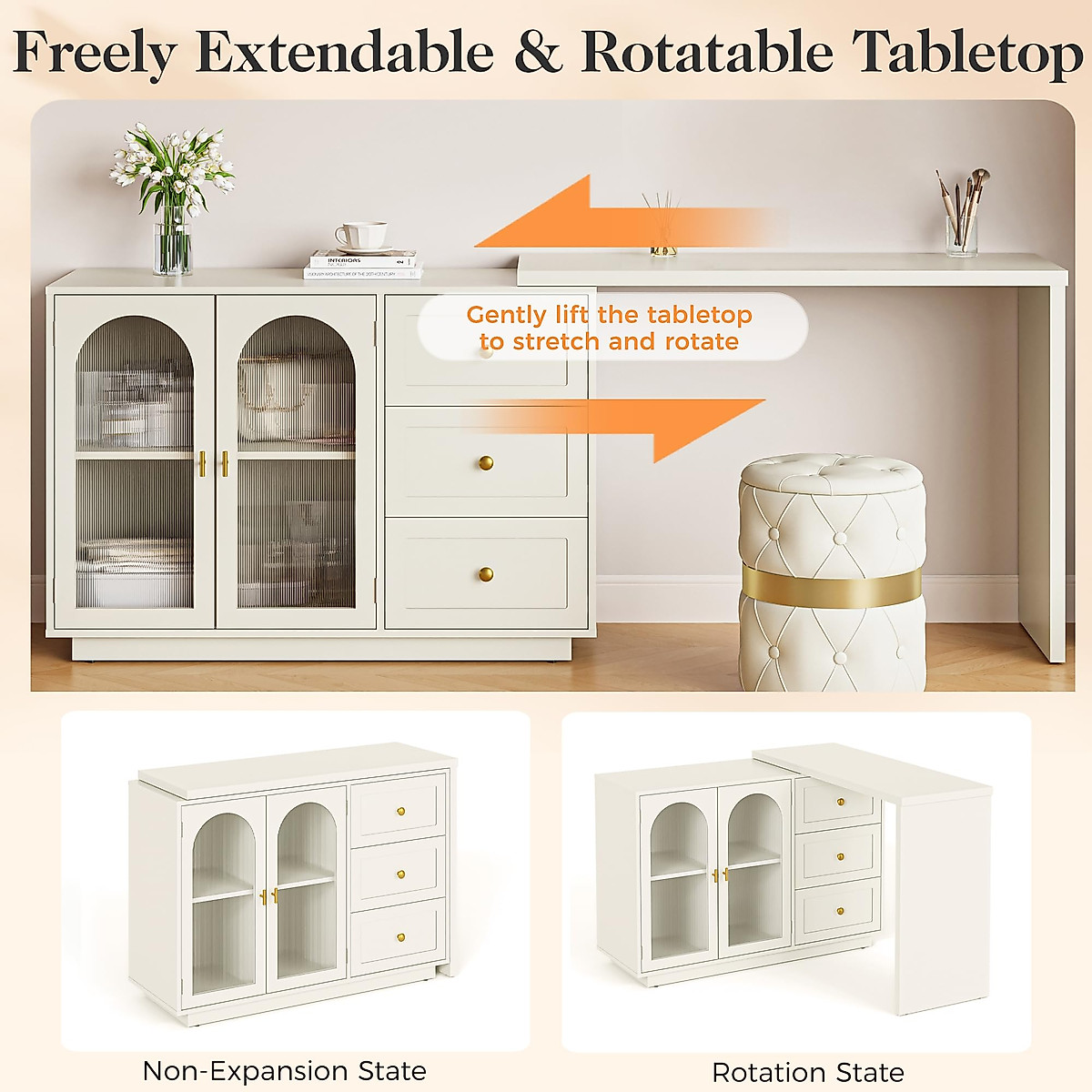 RoyalCraft Makeup Vanity Desk, Extendable Corner Vanity Makeup Table with 3 Drawers & 2 Doors, Modern Dressing Table for Bedroom, White Makeup Vanity Without Mirror