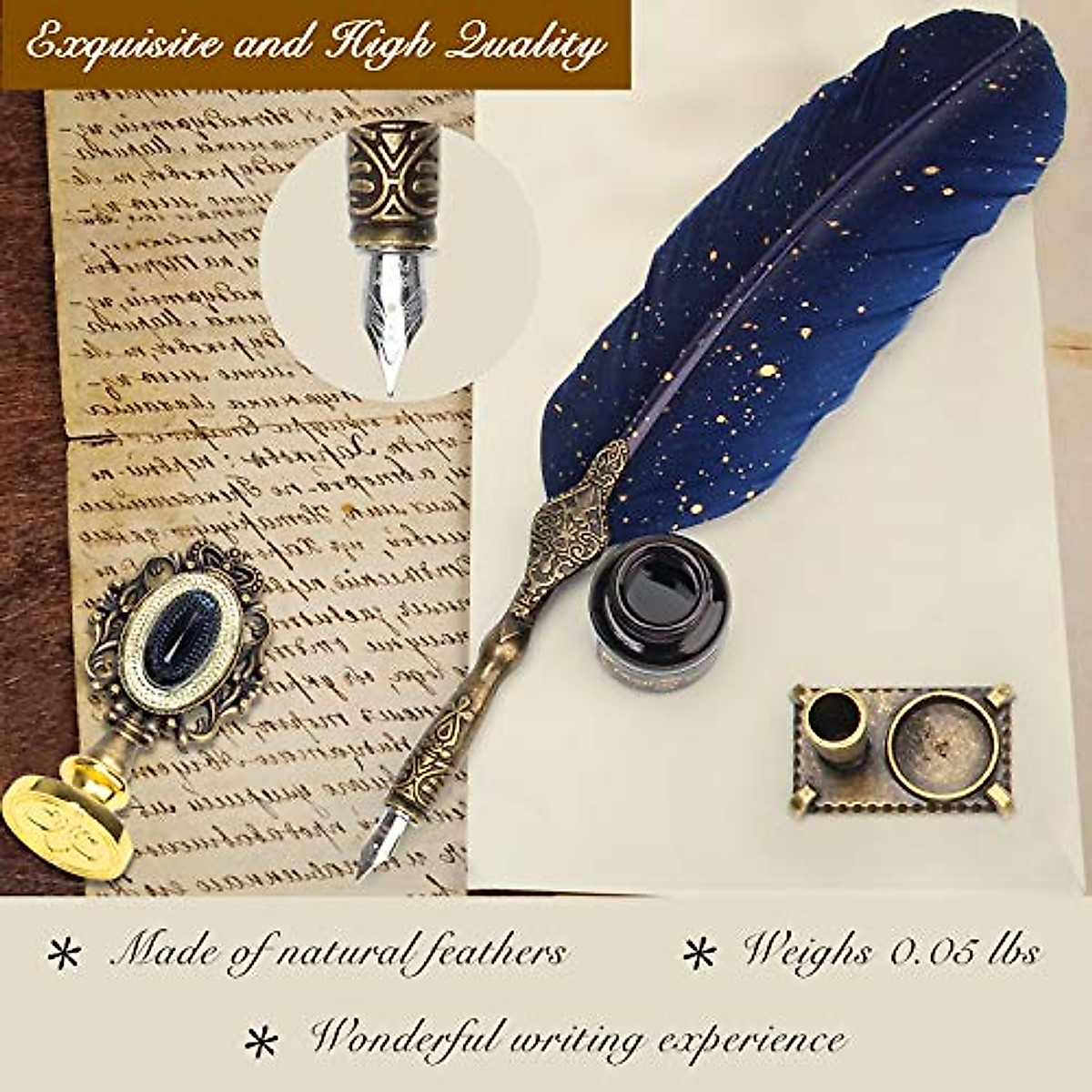 AngleKai Quill Pen and Ink Set, Calligraphy Feather Pen Set with Wax Seal Stamp, Ink, and Wax Seal Sticks, Replacement Nibs, Spoon, Envelope Letter Paper, White Wax, Antique Quills for Gift (Blue)