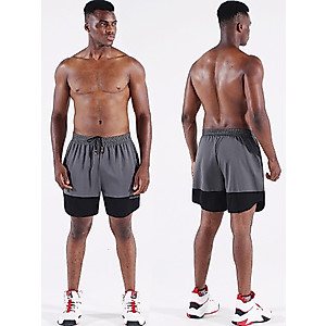 NELEUS Men's 2 in 1 Running Shorts with Liner,Dry Fit Mesh Gym Workout Shorts with Pockets,3 Pack,6094,Black/Grey/Blue,M