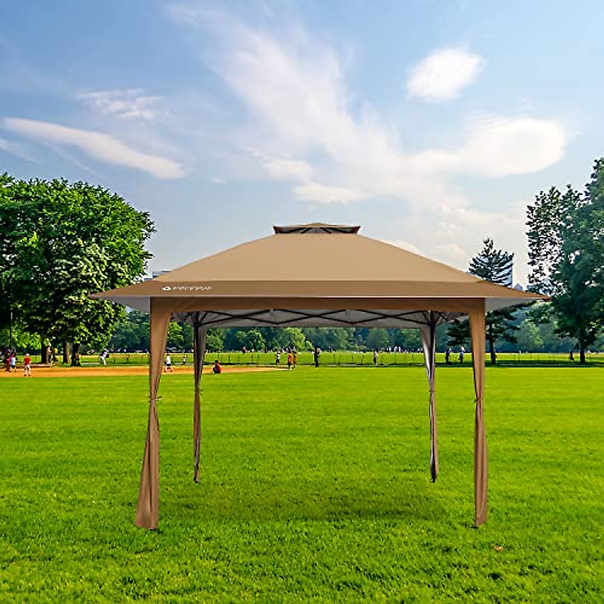 ARROWHEAD OUTDOOR 13’x13’ Pop-Up Canopy & Instant Shelter, 150D Fabric Construction, Adjustable Height, Wheeled Carry Bag, Guide Ropes & Stakes Included, Brown & Tan v2 (New) (KGS0389U)