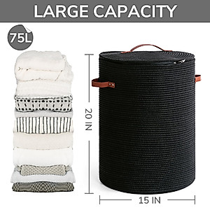 CHICVITA Tall Laundry Basket with Lid, Large Laundry Hamper for Bedroom, Laundry Bin for Clothes, Blankets, Toys, Decorative Woven Basket for Living Room, 15 x 20 inches, Black