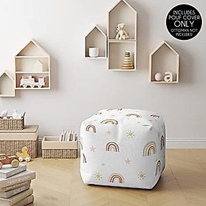 Sweet Jojo Designs Boho Rainbow Girl Ottoman Pouf Cover Unstuffed Poof Floor Footstool Square Cube Pouffe Storage Baby Nursery Kids Room Blush Pink Yellow Bohemian Modern Neutral Vintage Taupe Beige
