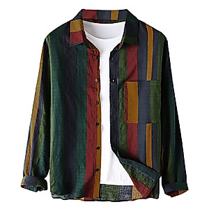 Striped Shirt for Men Vintage Button Up Long Sleeve Casual Dress Shirts Regular Fit Big and Tall Retro Cotton T-Shirts