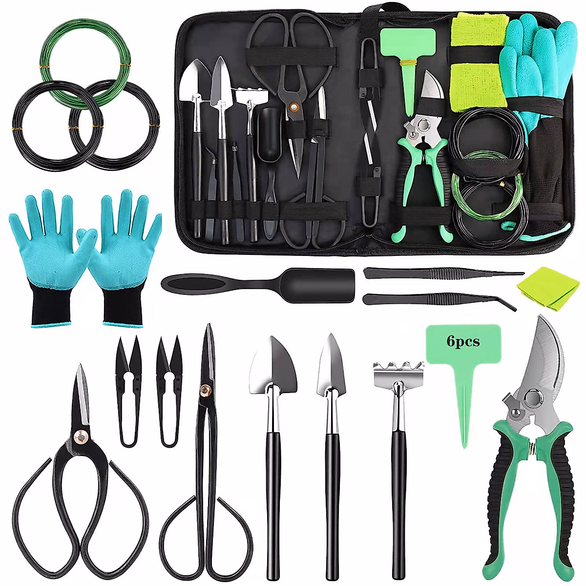 HIPENO Bonsai Tools Set, 24 PCs Bonsai Tree Kit High Carbon Steel Bonsai Tree Trimming Pruning Shears, Scissors, Bonsai Wires, Gardening Gifts for Bonsai Starter