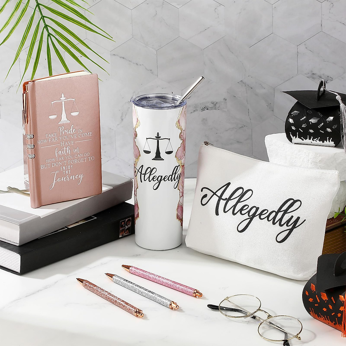 Domensi 6 Pcs Funny Allegedly Lawyer Gifts Judge Gift Lawyer Appreciation Day Gift 20 oz Marble Sign Tumbler Makeup Bag Notepad Ballpoints for Law Paralegal School College Teacher(Pink)