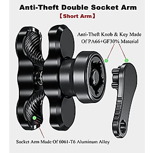 BRCOVAN Anti-Theft Aluminum Alloy Double Socket Arm Compatible with RAM Mounts B Size 1'' Ball Mounting Base & Bike Motorcycle Phone Holder (Short Arm)