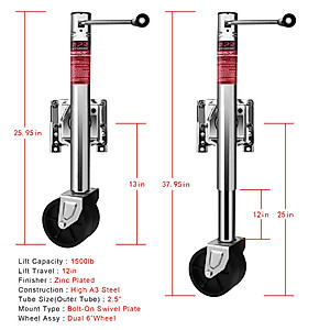 OPENROAD 1500 lbs Boat Trailer Jack with Dual Wheels, 12" Lift Swivel Trailer Jack with Swing-Back Bolt-On, Trailer Tongue Jack for Boat, RV, Trailer, Utility
