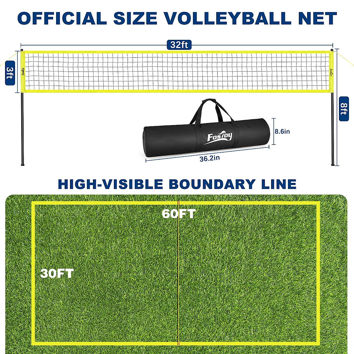 Fostoy Volleyball Net Outdoor, Professional Portable Volleyball Net Set with Adjustable Height Poles, Anti-Sag System, Soft Volleyball, Pump, Boundary Line and Carrying Bag for Backyard, Beach, Lawn