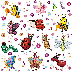 Cartoon Insect Wall Sticker DIY Removable Little Bee Flower Butterfly Ant Snake Ladybug Dragonfly Praying Mantis Peel and Stick Wall Decal Decor for Kids Baby Boys Bedroom Playroom Nursery Classroom