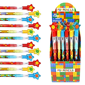 Tiny Mills 24 Pcs Building Blocks Brick Multi Point Stackable Pencil with Eraser for Brick Birthday Party Favor Prize Carnival Goodie Bag Stuffers Classroom Rewards Pinata Fillers
