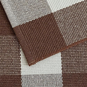 Buffalo Plaid Outdoor Rug Doormat Farmhouse Checkered Front Porch Rug Machine Washable Woven Cotton Layered Door Mats for Indoor Entryway Kitchen Bedroom (24"x51", Coffee and White)
