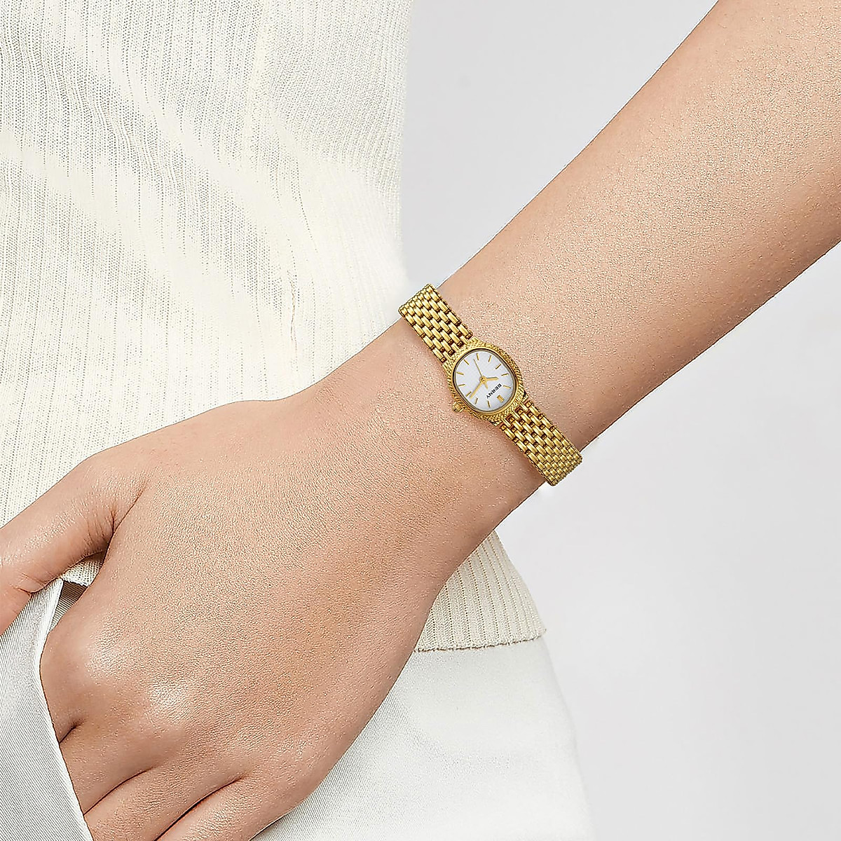 BERNY Gold Watches for Women Vintage Bracelet Wrist Watch Luxury Small Ladies Oval Quartz Watch with Tools Included(White Dial)