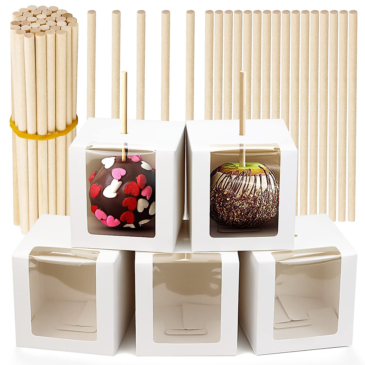 FIREBOOMOON 30 PCS White Kraft Candy Apple Boxes with Holes and Sticks,Caramel Candied Apple Cake Cookies Chocolate Gift Boxes with Clear Window for Wedding,Party,Baby Shower(4" x 4" x 4")