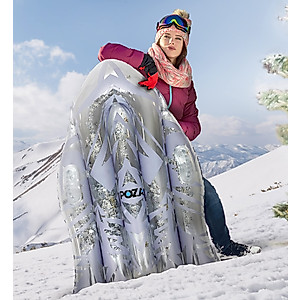 POZA Inflatable Silver Snow Boogie Sled – Luxurious Snow Sled with Handles and Filled with Silver Snowflake Confetti – Premium Heavy Duty Cold Resistant PVC Sled for Adults and Kids – 44 Inch