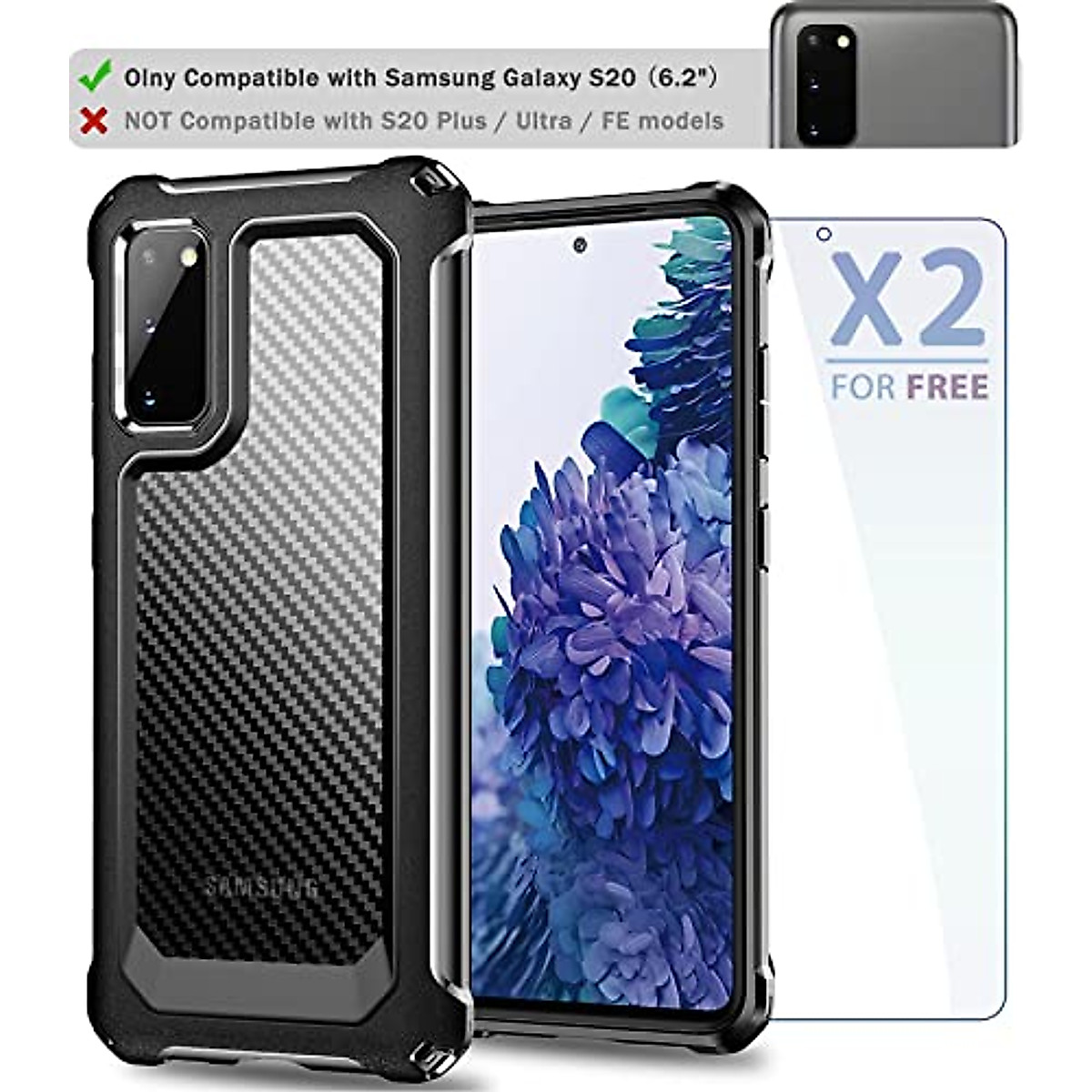 Galaxy S20 Case, Slim Carbon Fiber Shockproof Protective Cover with Screen Protector [x2] [Military Grade Drop Protection] [Anti Scratch&Fingerprint], Samsung S20 Case, 6.2", Black