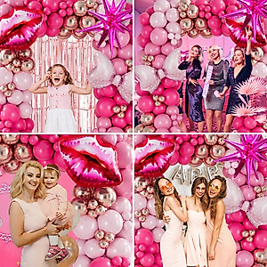 Pink Balloon Garland Arch Kit, Hot Pink Rose Gold Metallic Balloon, Bow Starburst Lip Foil Balloon, Hot Pink Balloons for Girls Birthday Princess Theme Bridal Shower Baby Shower Party Decorations