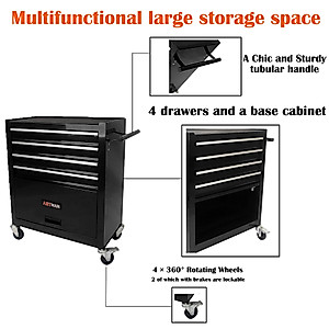 nifoti 4 Drawers Tool Cart on Wheels,Rolling Tool Box Tool Storage， Drawers Rolling Tool Box Organizer Tool Case for Garage, Warehouse, Workshop, Repair Shop (4 Drawers(Black))