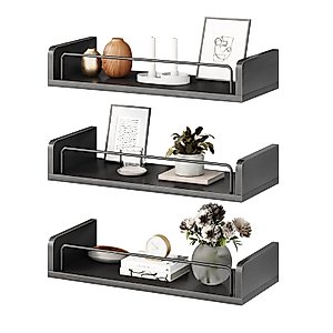 Leadpro Floating Shelves for Wall, Floating Shelves for Bedroom Kitchen Decor, Wall Mounted Rustic Farmhouse Wood Shelf for Books, Plants, Set of 3 (Black)