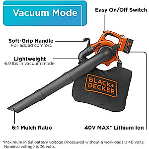 BLACK+DECKER 40V Cordless Leaf Blower Kit, 120 mph Air Speed, 6-Speed Dial, Built-In Scraper, With Collection Bag, Battery and Charger Included (LSWV36)