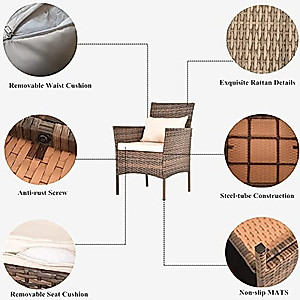 Tappio 3 Pieces Patio Furniture Set Outdoor Bistro Sets All Weather Patio Conversation Sets PE Rattan Wicker Chairs with Cushions and Pillows Beige