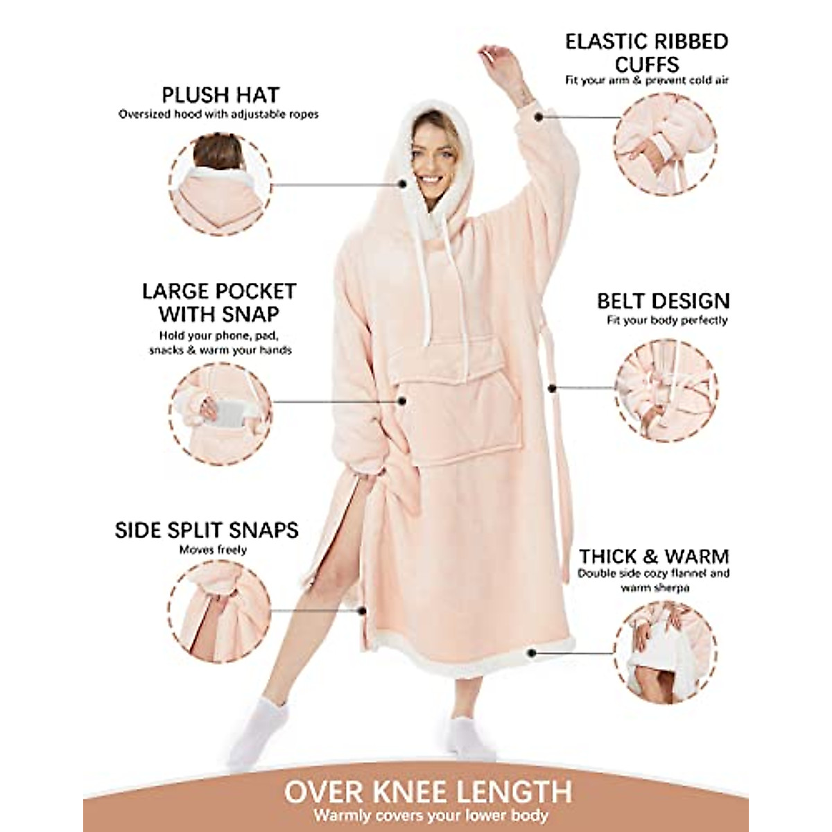 Long Wearable Blanket - Premium Fleece Blanket Hoodie Blanket with Sleeves 1PCS for Women Adult 5'5''-5'9'' Tall, Super Soft Warm Cozy Sleeved Throw with Arm, Gift for Mom Wife Daughter