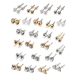 24 Pairs Stud Earrings Crystal Pearl Earring Set Ear Stud Jewelry for Women Men, Silver and Gold