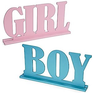 Gender Reveal Decorations - Boy or girl Wooden Blue and Pink Letter Sign，with Gender Announcement Baby Shower party Table Decorations – by ZouYee