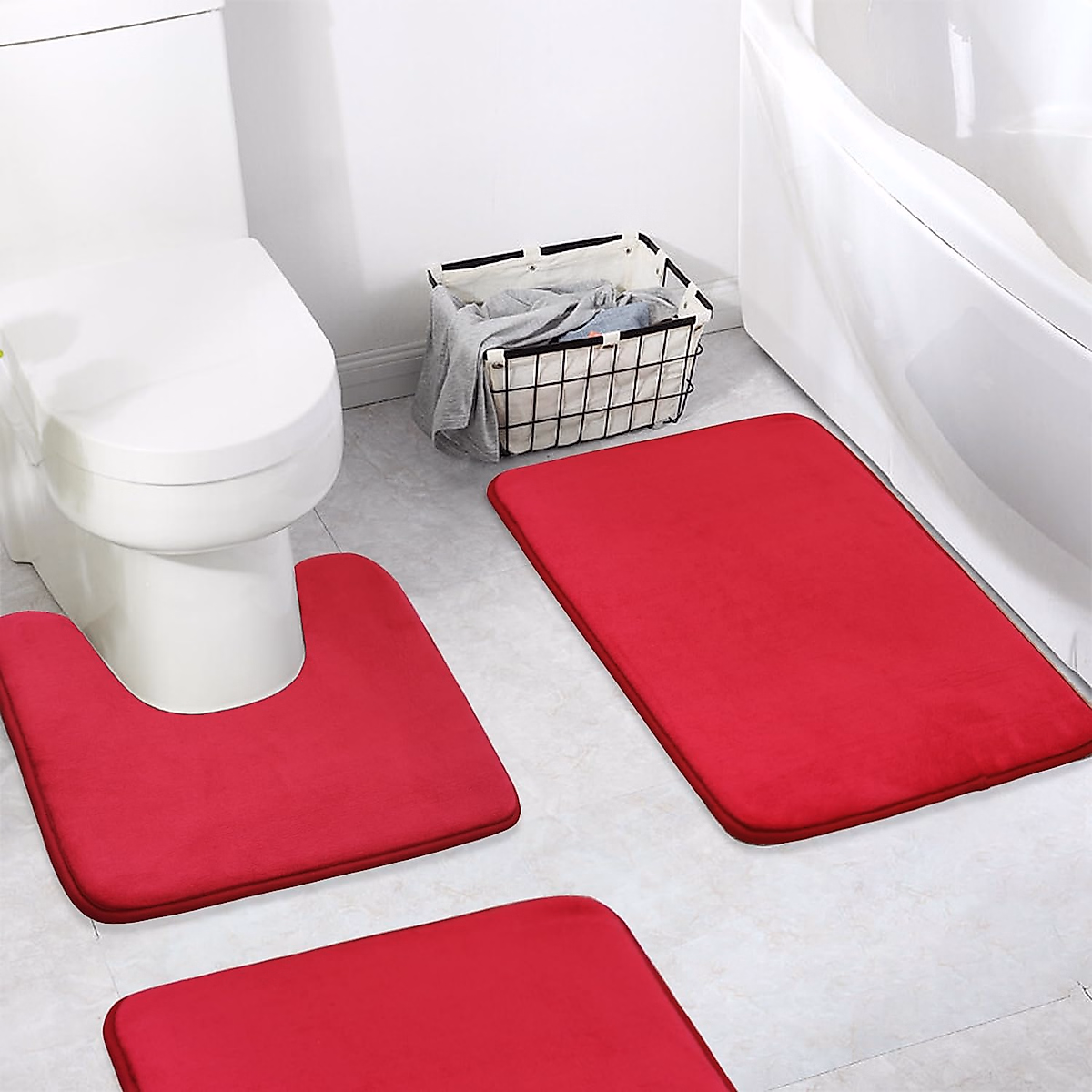AINAHYVA Christmas Memory Foam Bath Mat Rug 3 Piece Set, Super Absorbent, Strong PVC Non Slip Backing, Bath mats for Bathroom, Plush Shaggy, Thick, Machine Washable, Bathtub, Shower, Toilet, Red