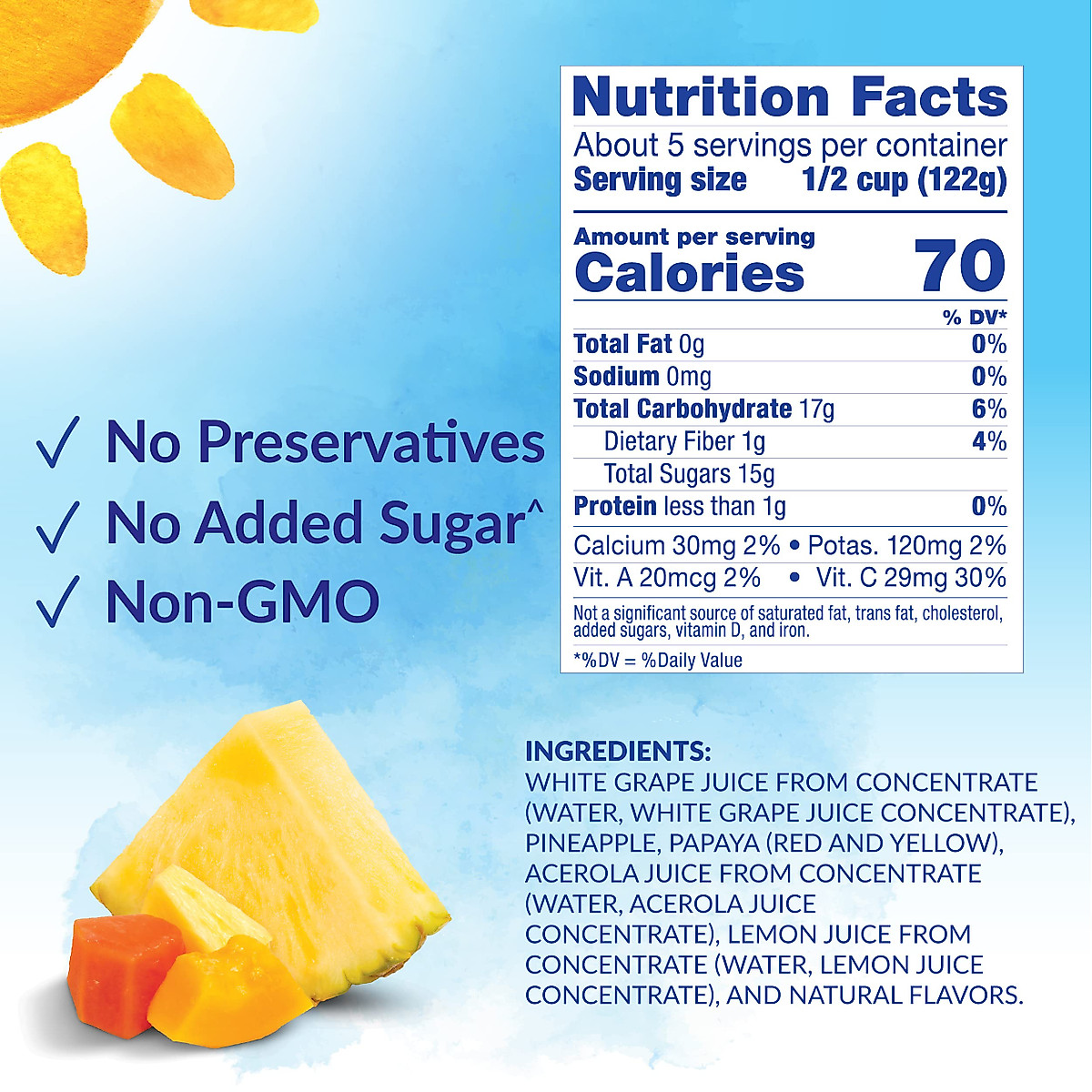 Dole Fruit Jars, Tropical Fruit in 100% Fruit Juice, Pineapple & Papaya, Gluten Free, Pantry Staples, 23.5 Oz Resealable Jars, 8 Count