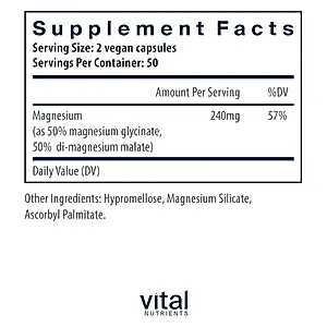 Vital Nutrients Magnesium Glycinate + Malate | 120mg Vegan Magnesium Supplement for Women and Men | Muscle, Heart, Bone Support* | Promotes Relaxation | Gluten, Dairy and Soy Free | 100 Capsules