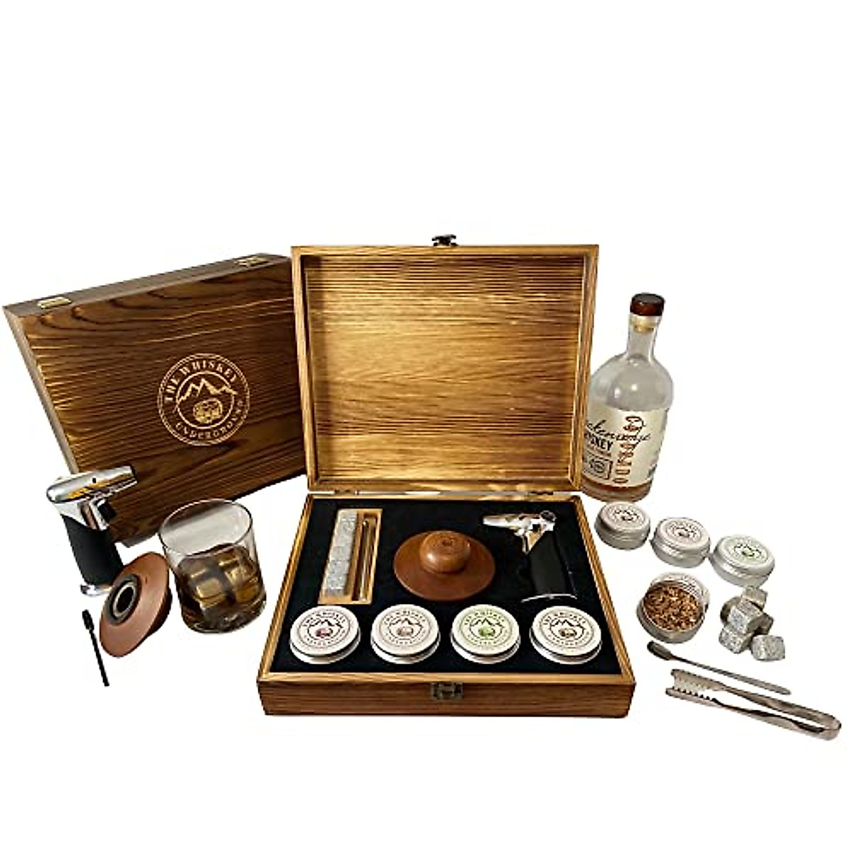 The Whiskey Underground Whiskey Smoker Kit - Cocktail Smoking Kit With Smoking Top, Butane Torch, Tongs, Whiskey Stones - Apple, Cherry, Oak, Walnut Wood Chips - Premium Wooden Box - 11.88x9.96x2.75 Great Gift Set For Husband, Father, Groomsmen. Perfect f