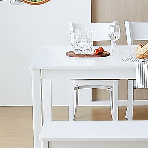 Livinia 4 Piece Cabin Wooden Dining Room Table Set with 2 Ladder Back Chairs and Bench (White)