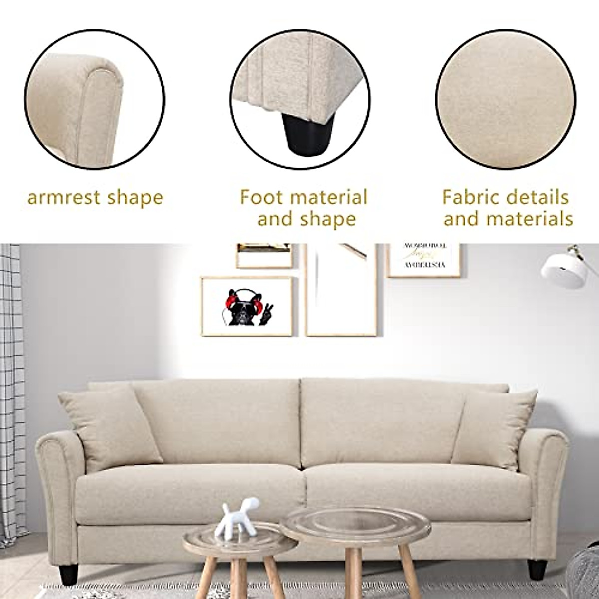 Melpomene 85'' Sofa w/Flared Arm, Couch for Living Room Linen Minimalism/Mid-Century/Contemporary Style (Beige)