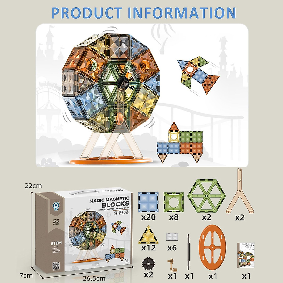 Jofarstep Magnetic Tiles 55 Pcs Set for Kids 3D Magnet Building Blocks Educational STEM Toys for Kids Preschool (55 PCS)