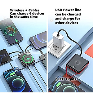 KOMPSEN 10000mAh Wireless Power Bank with Built in 4 Cables,Portable Slim Quick Charging Power Bank,Travel External Backup Battery Compatible with Almost Mobile Phone Electronic Devices Black