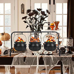 Zcaukya Halloween Decorations, 3 Packs Plastic Witch Cauldrons Hanging On Iron Rack, Black Witch Pots Set with Stand Candy Holders for Haunted House Halloween Party Supplies Tabletop Decor