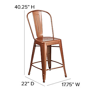 Flash Furniture Carly Commercial Grade 24" High Copper Metal Indoor-Outdoor Counter Height Stool with Back
