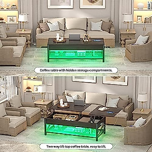 Aheaplus Coffee Table, Lift Top Coffee Table with LED light and Power Outlet, Modern Lift-Top Table with Storage Shelf, Center Table for Living Room with Lift Tabletop, X Support Metal Frame, Espresso