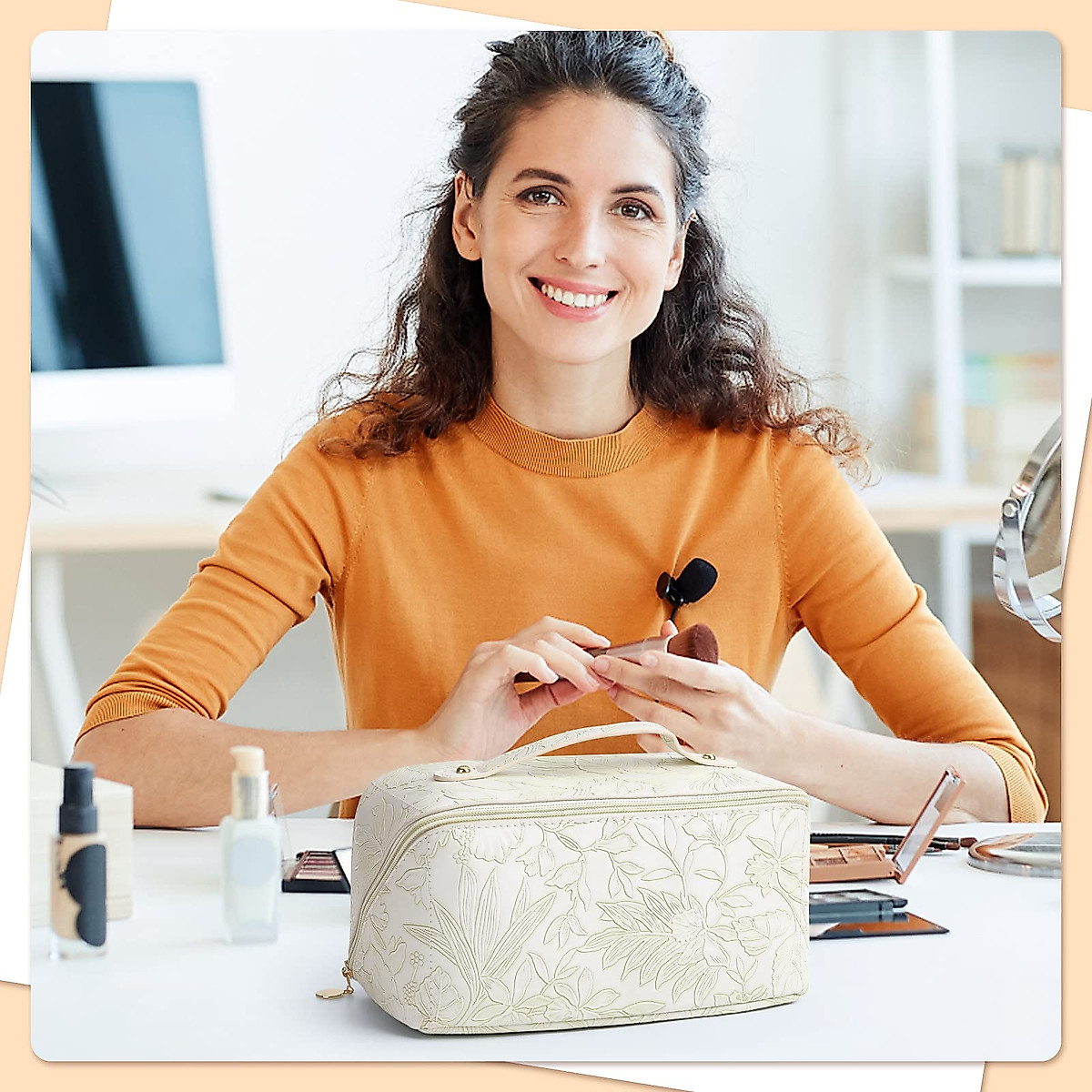 Large Capacity Travel Cosmetic,Makeup Bag Portable PU Leather Waterproof Flat Open Storage Bag with Handle Skincare Toiletry Bag for Women Graduation Gifts (White Embossed)