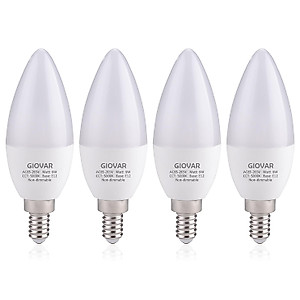 GIOVAR 4Pack LED Celing Fan Light Bulbs 60 Watt, Daylight 5000K, E12 Candelabra Bulb Base Socket, 120V, Type B, Non-Dimmable