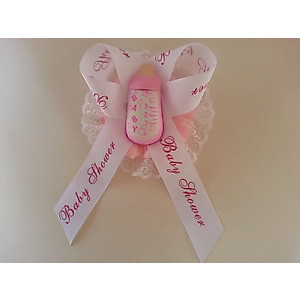 Welcome Baby Shower Mom To Be It's a Girl Sash Pink Bottle Ribbon and Corsage
