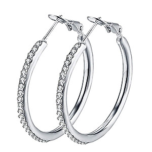 YUQIGG Silver Hoop Earrings, Fashion CZ Cubic Zirconia Rhinestone Hoops White Gold Plated Hoop Earrings for Women Gifts 1.38in