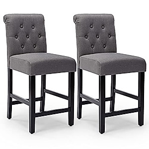 LSSPAID Bar Stools Set of 2, 24 inch Fabric Counter Height Bar Stools, Kitchen Island Wood Bar Chairs, Solid Wood Legs Barstools, Grey
