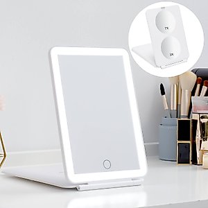 LED Foldable Travel Makeup Mirror - 5x7 inches 3 Colors Light 3X 5X Magnifier Modes USB Rechargeable Touch Screen, Portable Tabletop Cosmetic Mirror for Travel, Cosmetic, Office(White)