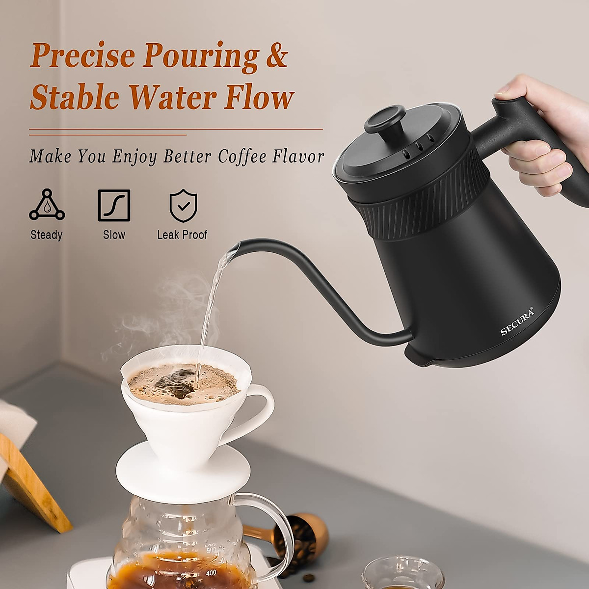 Secura Electric Gooseneck Kettle, Quick Boiling Electric Kettle with 5 Variable Presets for Coffee Tea Brewing, 100% Stainless Steel Inner Tea/Coffee Kettle with 1.5H Keep Warm,1200W-0.8L, Matt Black